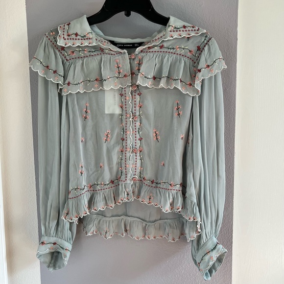 Zara | Tops | Zara Sage Embroidered Ruffle Blouse | Poshmark